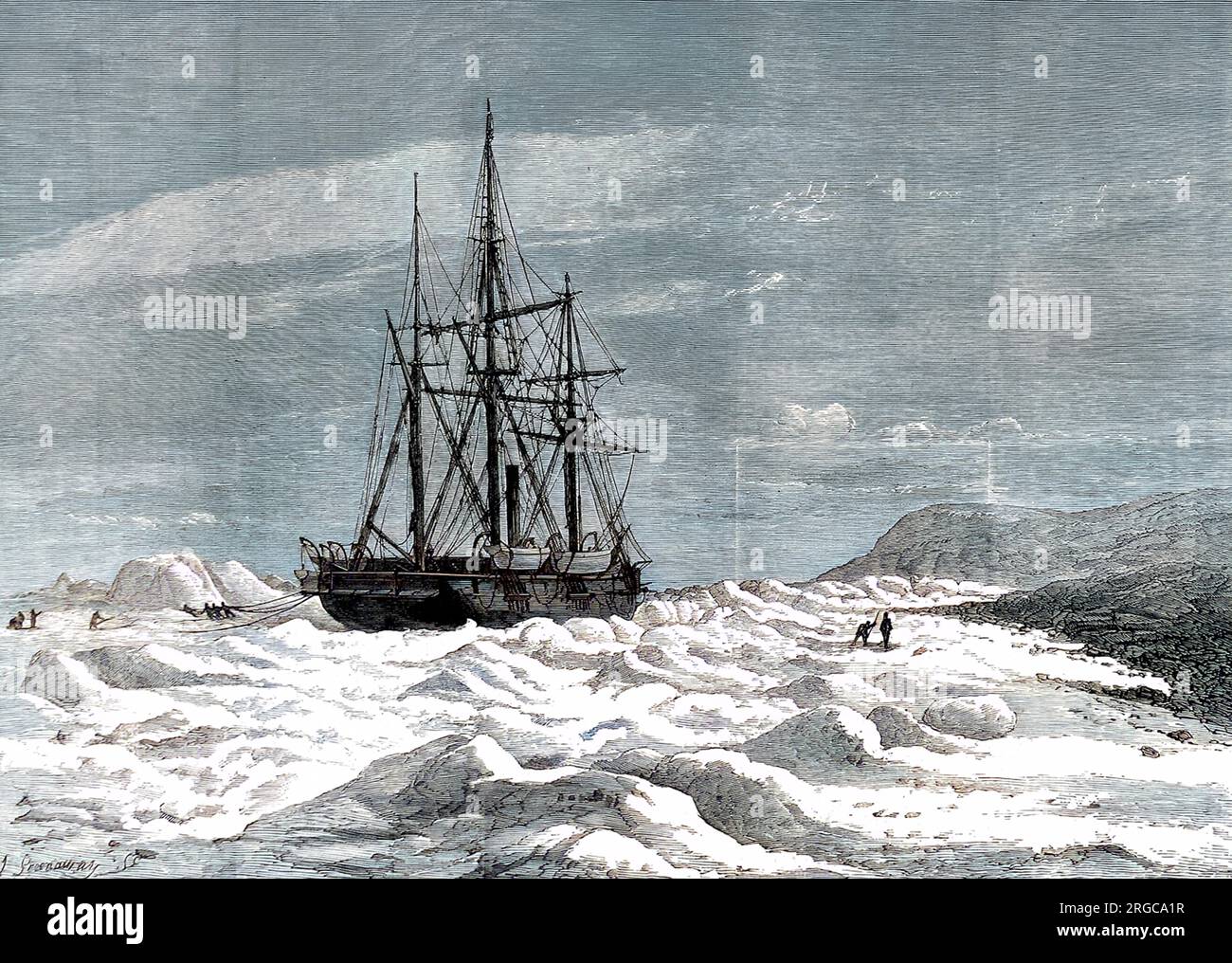 Gravure montrant le HMS 'Alert' pris dans la glace, contre la rive du ...