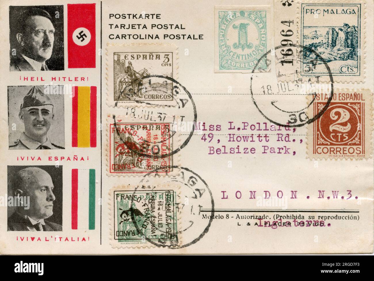 Enveloppe postale de propagande espagnole, juillet 1937, célébrant la ...