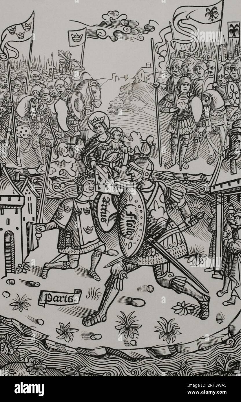 Roi Arthur combattant le géant, sous la protection de la Vierge. Fac ...