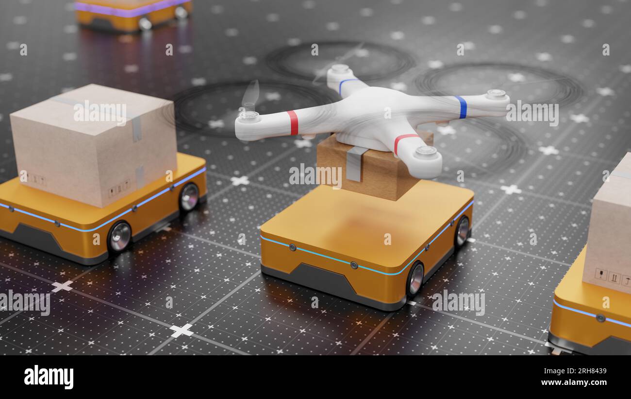 Robots AGV, UAV livrant des boîtes en carton à un centre logistique de ...