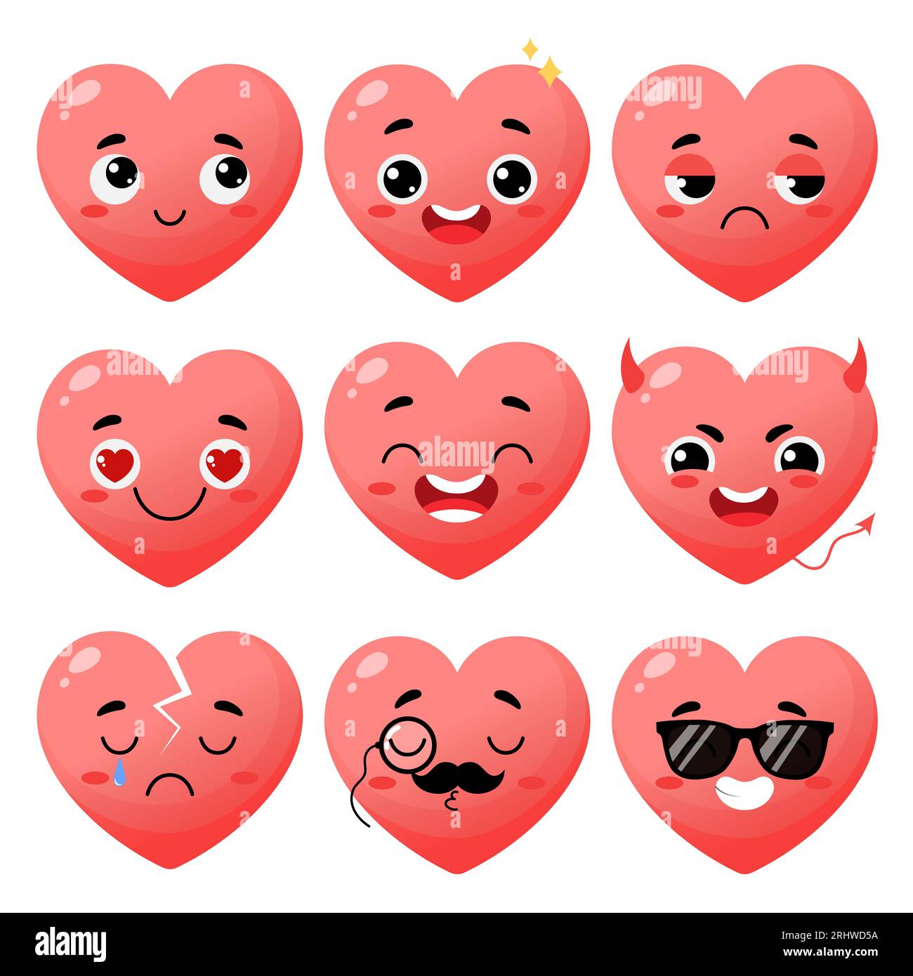 Personnage de cœur rouge de dessin animé avec différentes expressions ...