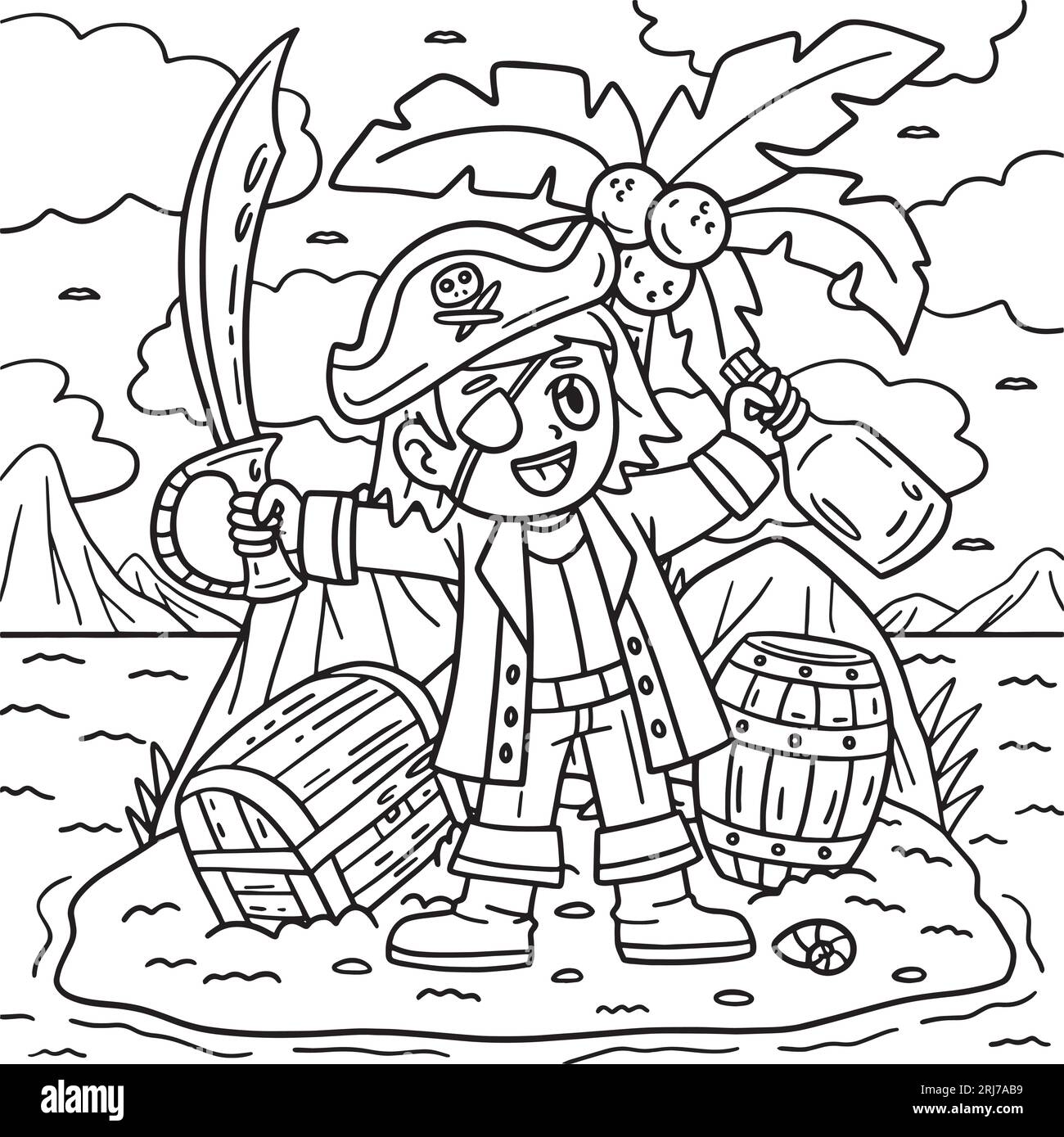 Capitaine pirate sur une page de coloriage de l'île pour les enfants ... Capitaine pirate sur une page de coloriage de l'île pour les enfants ...