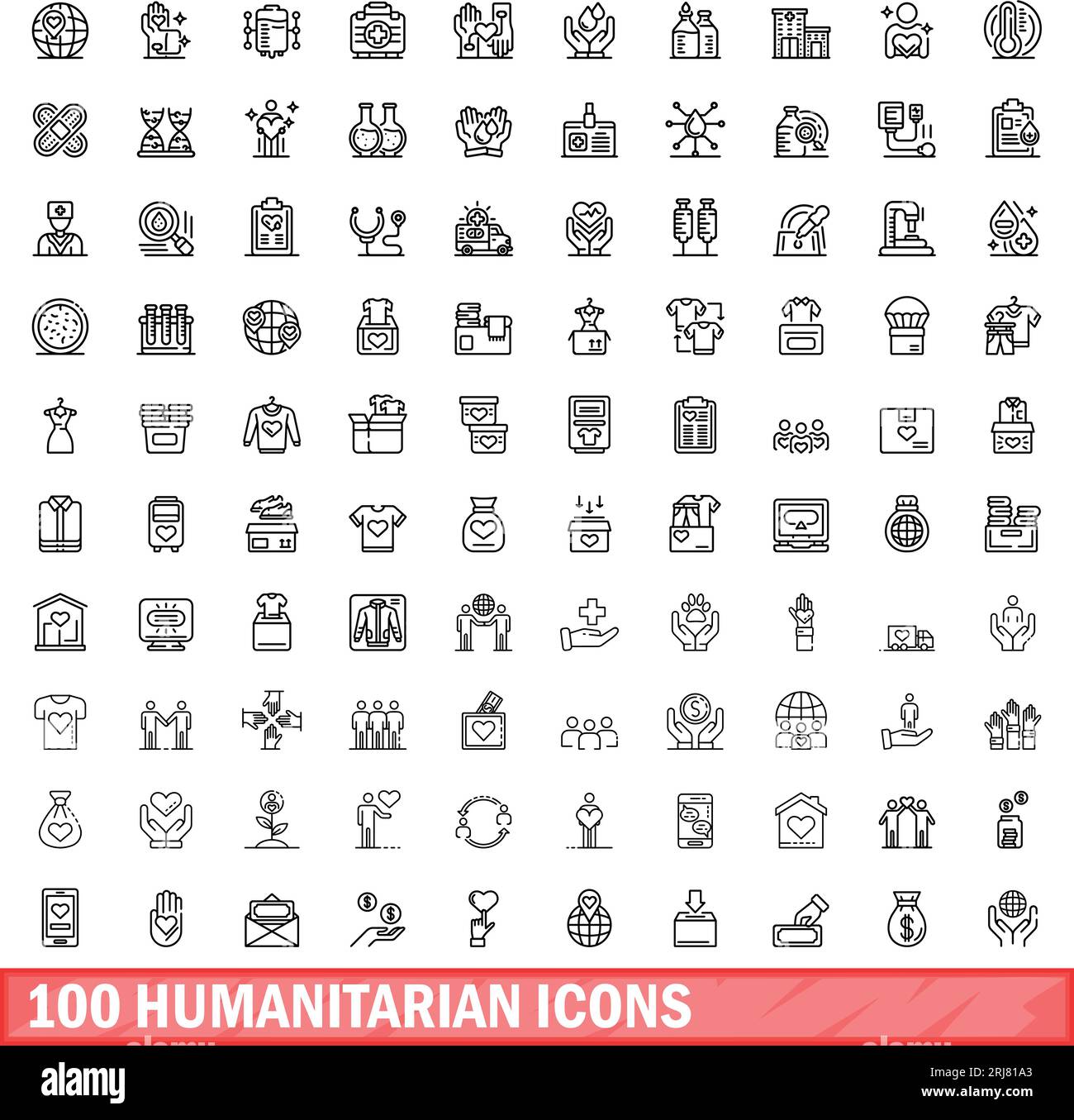 ensemble de 100 icônes humanitaires. Illustration de contour de 100 ...
