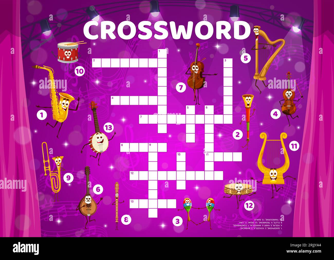 Grille de jeu de mots croisés avec instruments de musique. Devinette de ...
