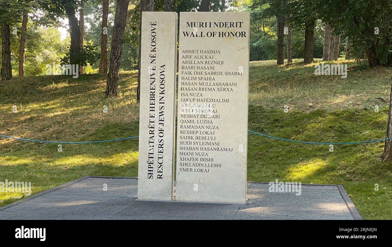 A view of a statue honoring 23 Kosovo Albanians who rescued Jews from the Holocaust during World ...