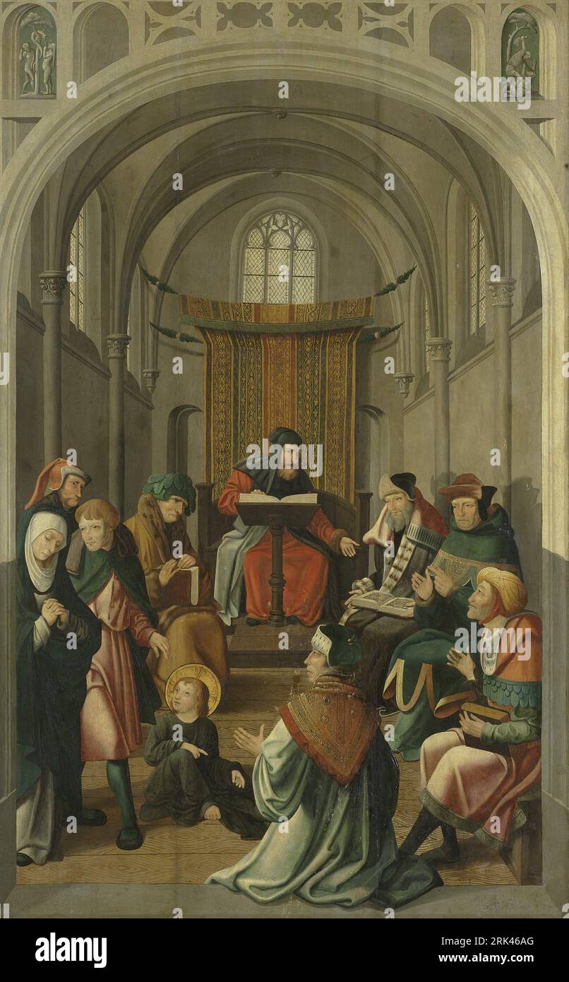 Panel of an altarpiece with Jesus disputing with the doctors in the ...