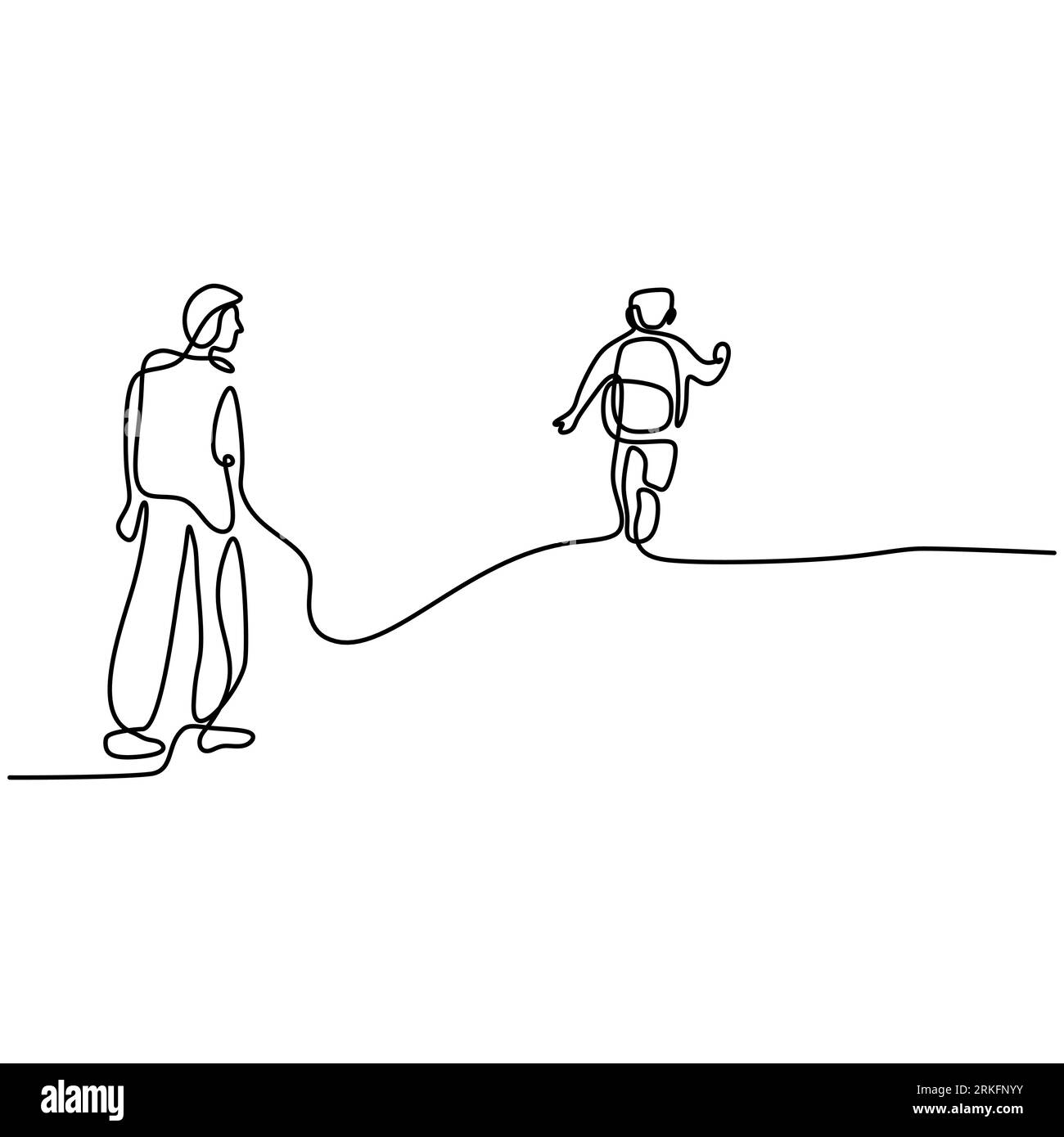Un Dessin Au Trait Continu Du Jeune Père Emmène Son Fils à Lécole