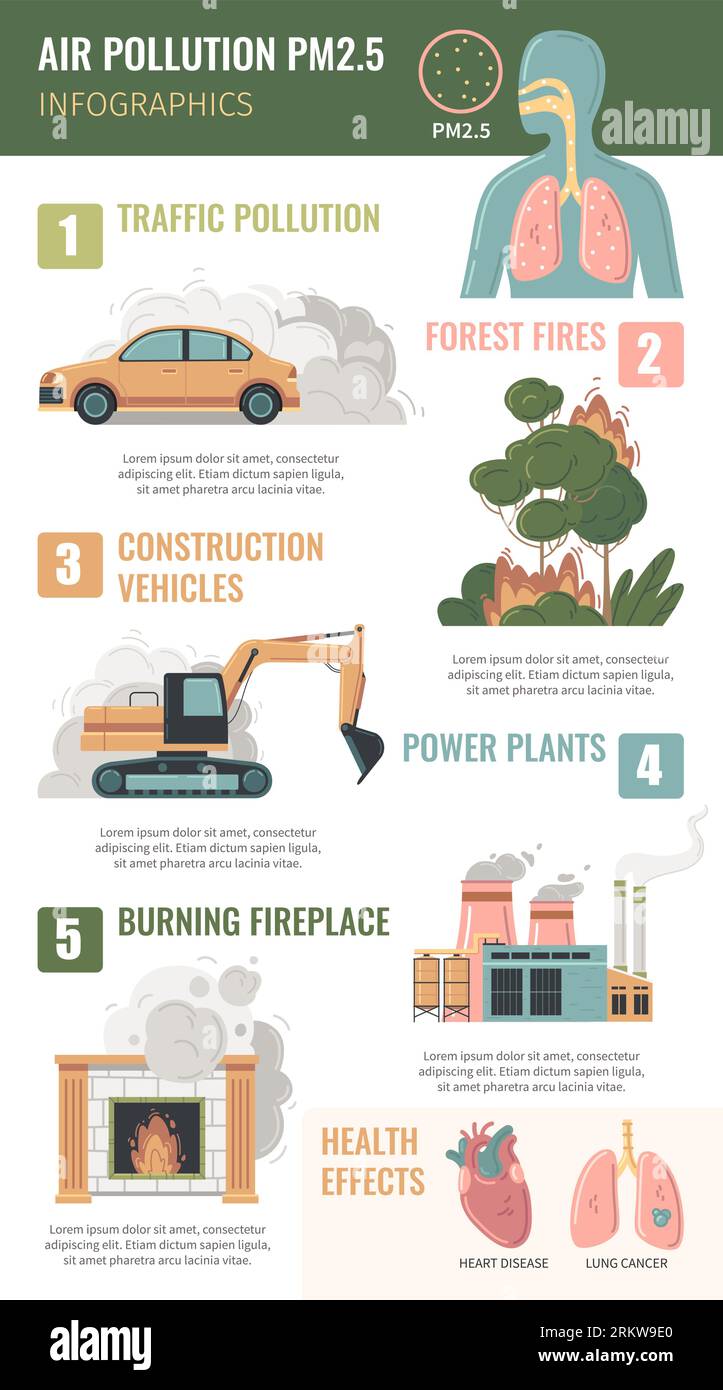 Pollution atmosphérique particules pm2.5 infographie plate avec texte ...