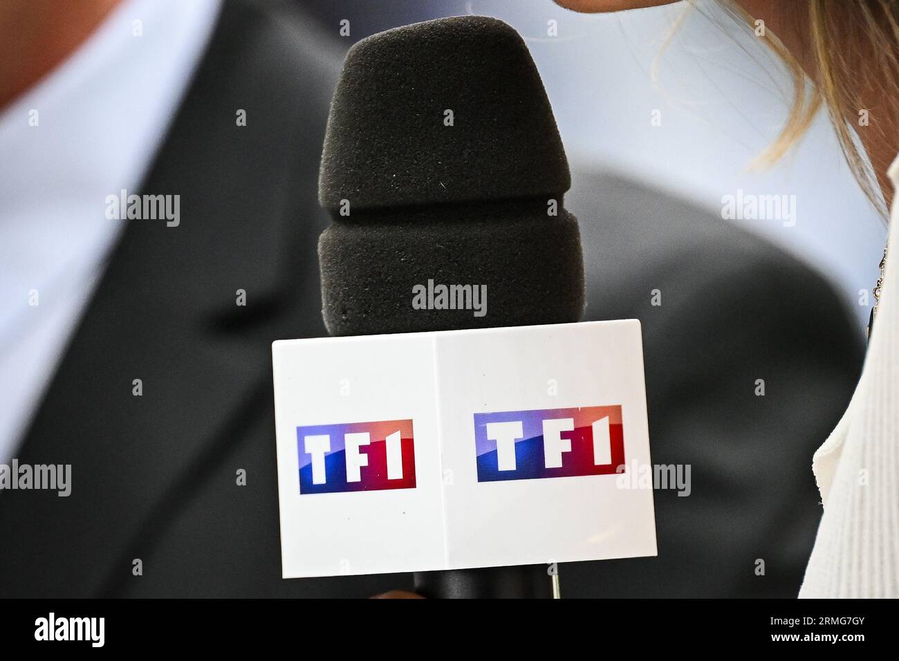 Saint-Denis près de Paris, France, 27/08/2023, microphone TF1 lors de ...