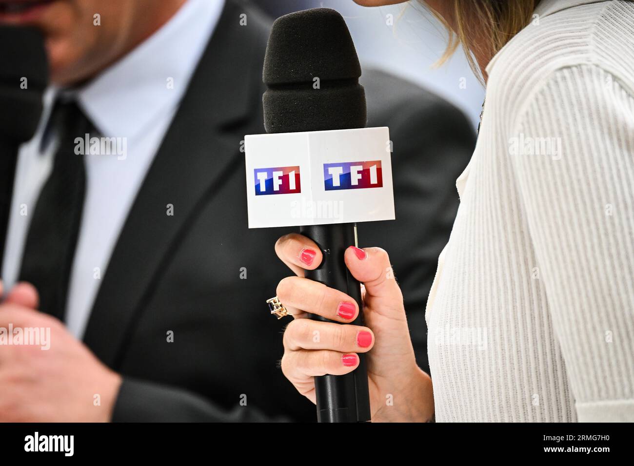 Saint-Denis près de Paris, France, 27/08/2023, microphone TF1 lors de ...