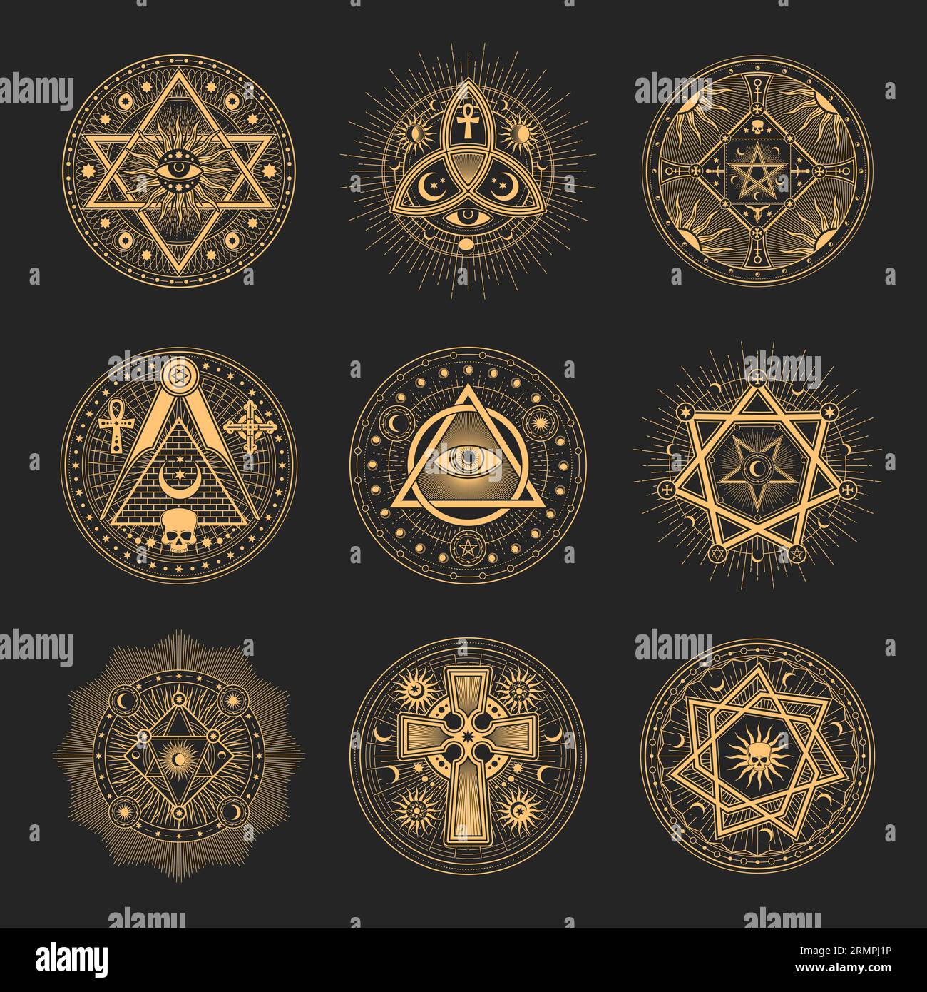 Symboles de pentagramme occulte et ésotérique, signes maçons, tarot ...