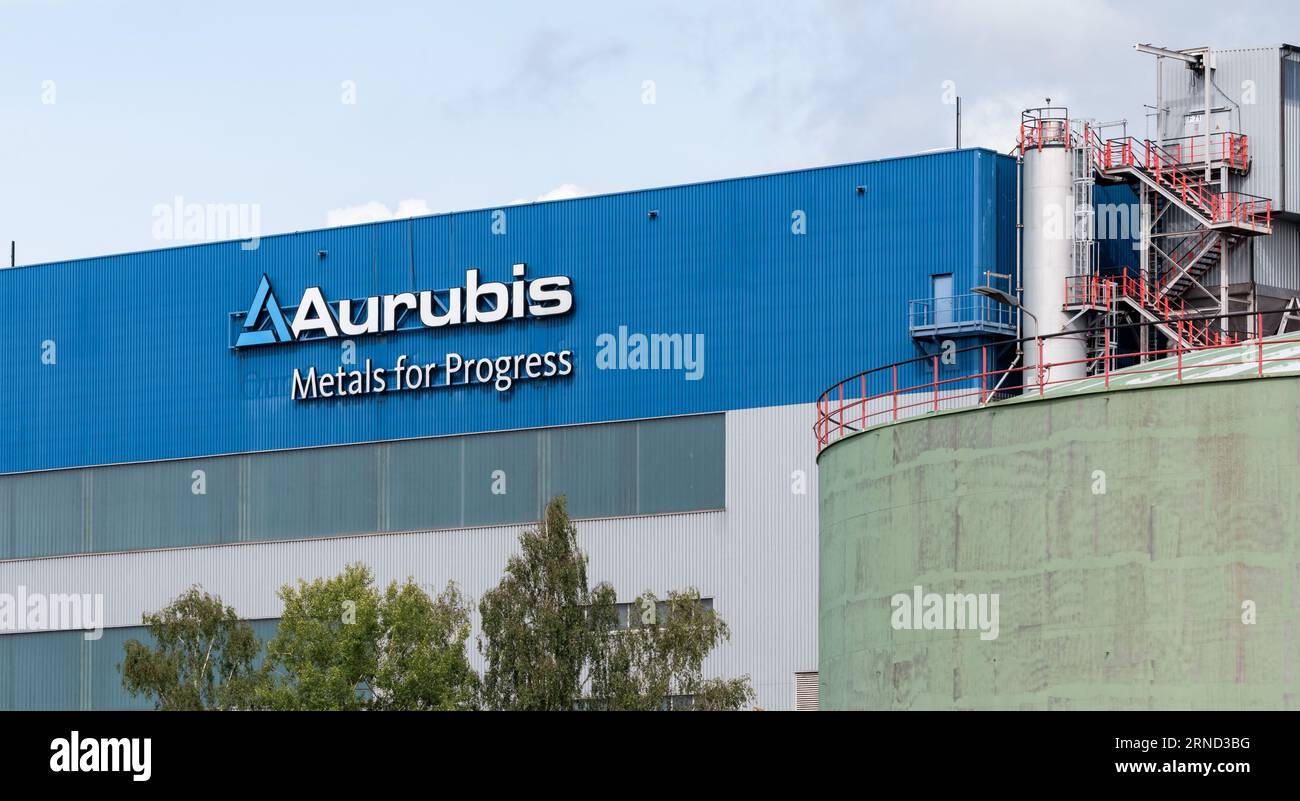 Hambourg, Allemagne. 01 septembre 2023. Les mots 'Aurubis, Metalls for Progress' sont écrits sur ...