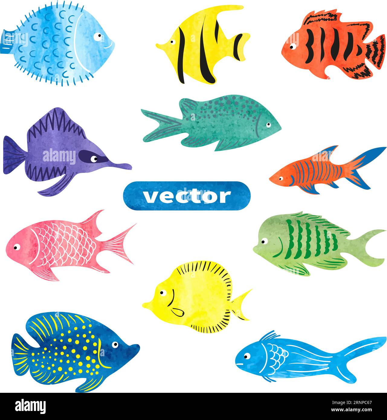 Ensemble de poissons. Collection de poissons de mer aquarelle colorés ...