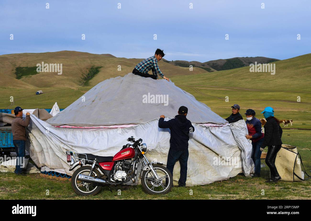 (180611) -- CHIFENG, 11 juin 2018 -- Erden installe la yourte dans le ...