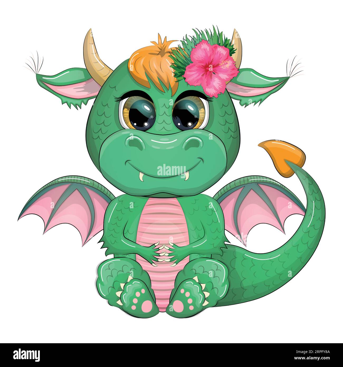 Mignon bébé dragon vert de dessin animé avec ukulele, paraphernalia de ...