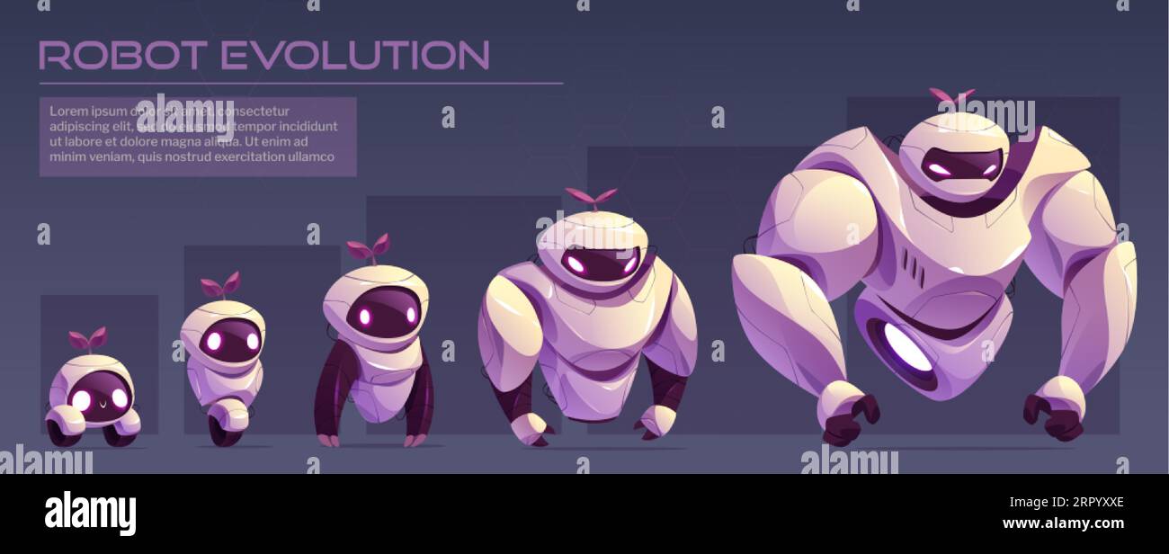 Niveaux d'évolution de robot humanoïde définis. Illustration de dessin ...