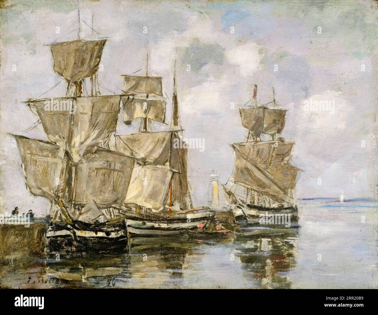Eugène Boudin, navires dans le port de Honfleur, peinture à l'huile sur ...