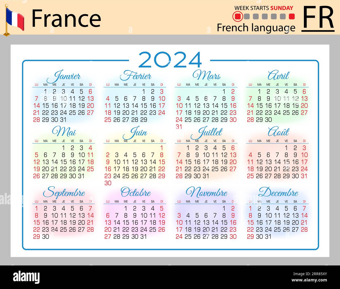 Simple 2024 year calendar week français Banque d'images vectorielles ...