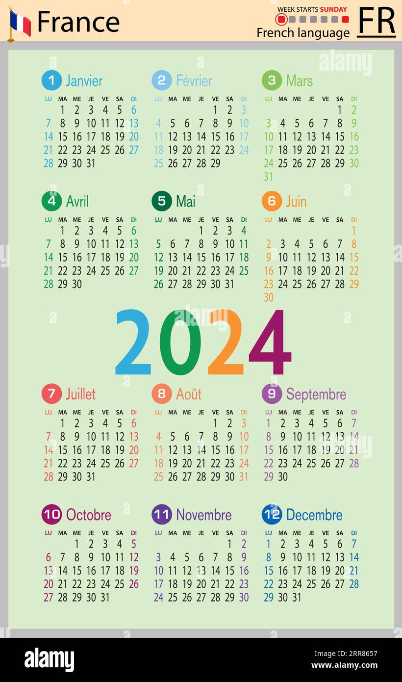 Calendrier de poche vertical français pour 2024 (deux mille vingt ...