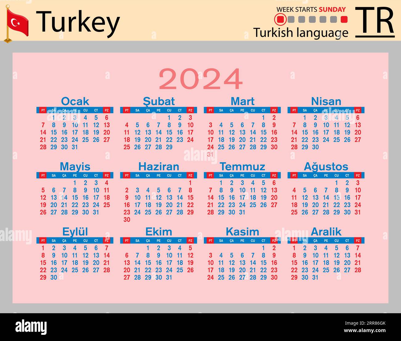 Calendrier turc horizontal de poche pour 2024 (deux mille vingt-quatre ...