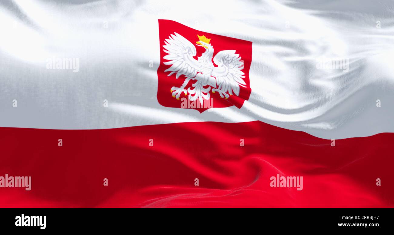 Gros plan du drapeau national de la Pologne agitant dans le vent. Deux ...