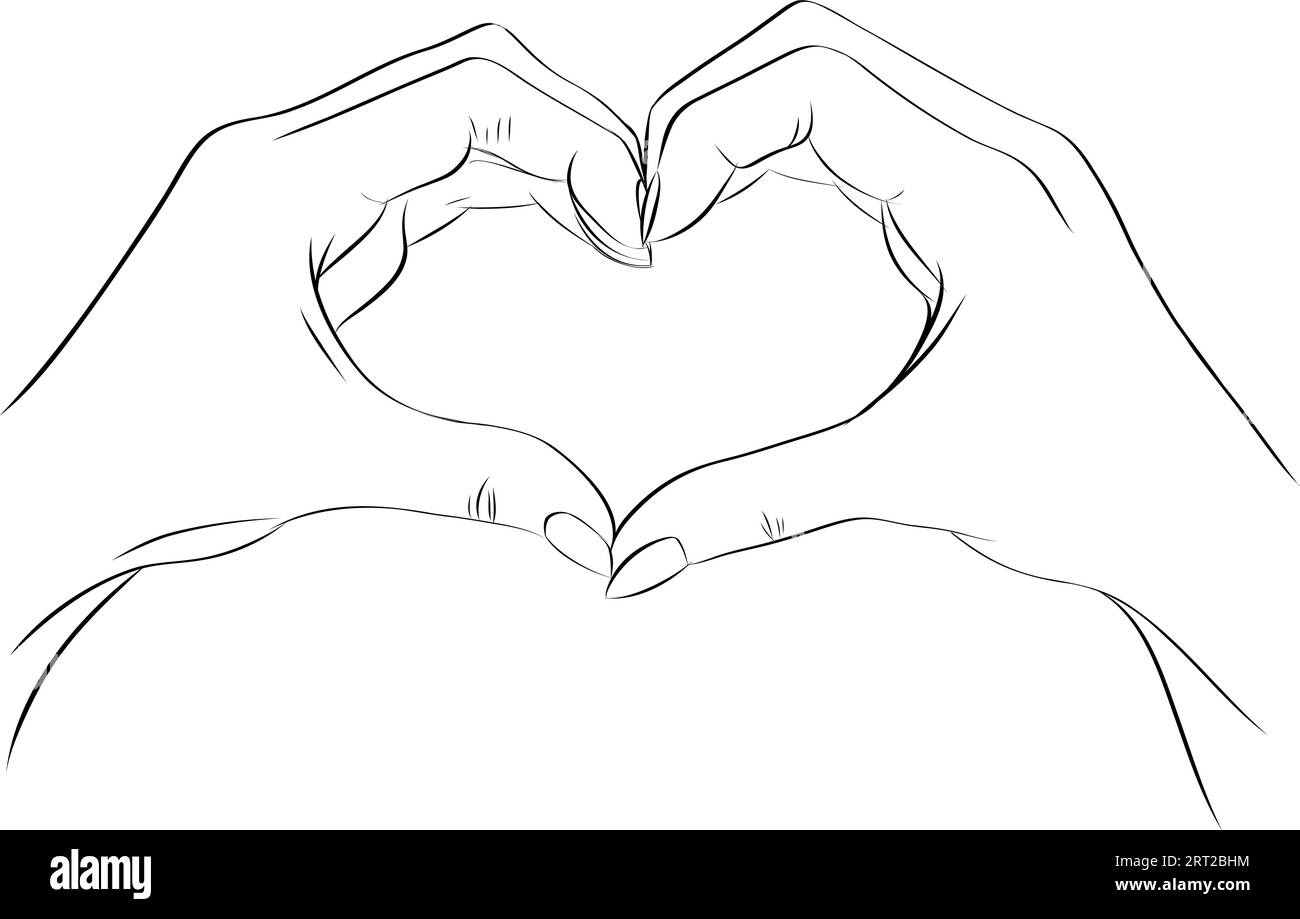 Croquis des mains montrant le geste en forme de cœur, dessin au trait ...