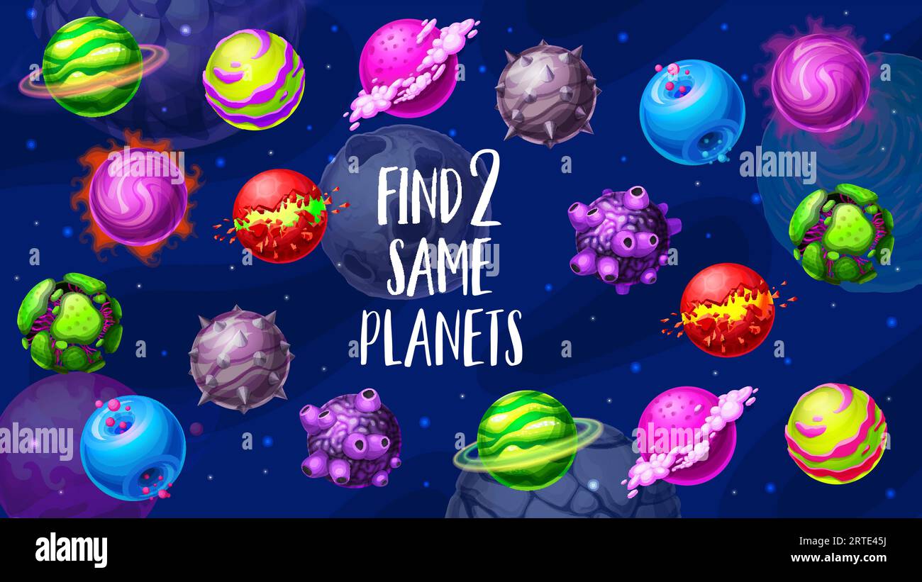 Cartoon galaxie planètes spatiales, trouver deux mêmes planètes jeu de ...