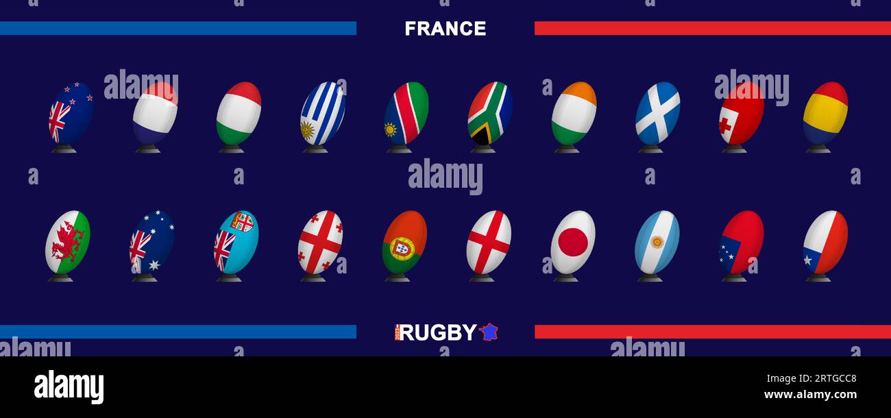 Collection de drapeaux dans le style ballon de rugby sur le stand des ...