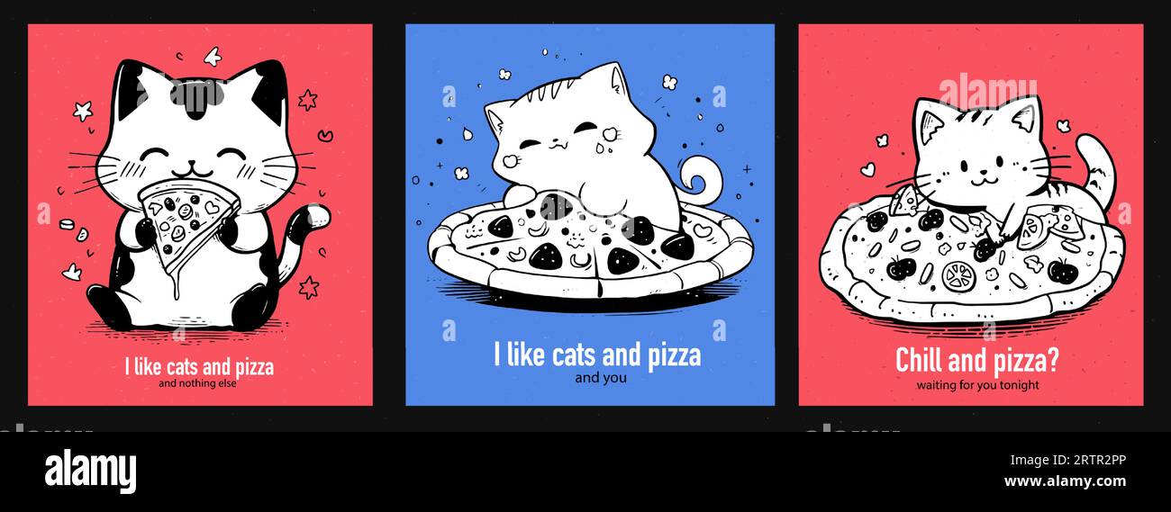 Ensemble d'impressions avec des chats et de la pizza sur fond rouge et ...