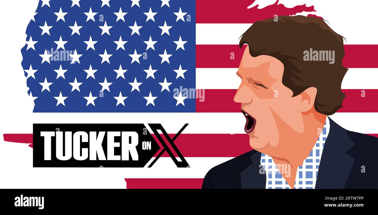 Tucker Carlson devant le drapeau américain et le logo de son émission ...