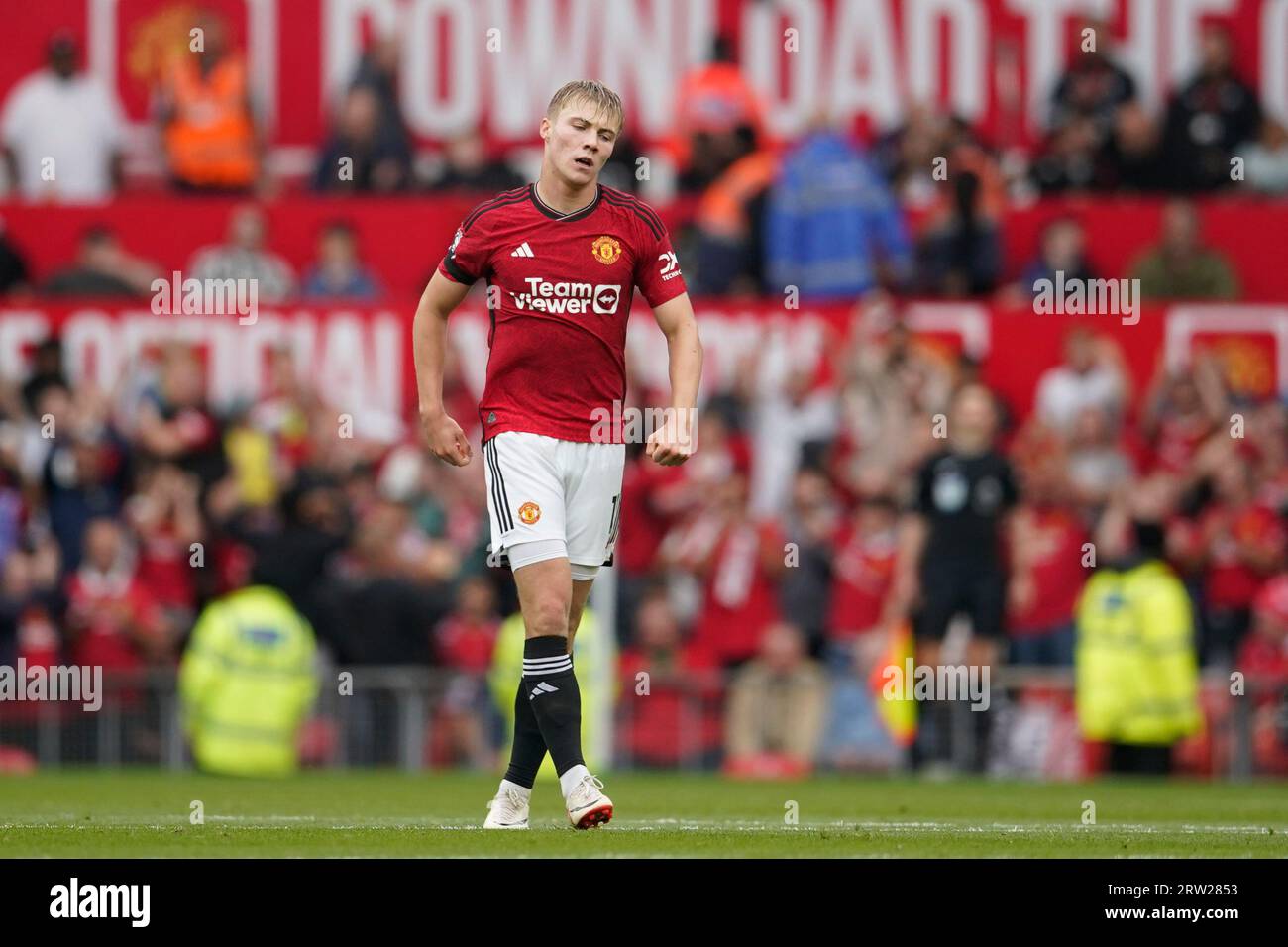 Manchester United's Rasmus Hojlund reacts after scoring a goal that was later disallowed during ...
