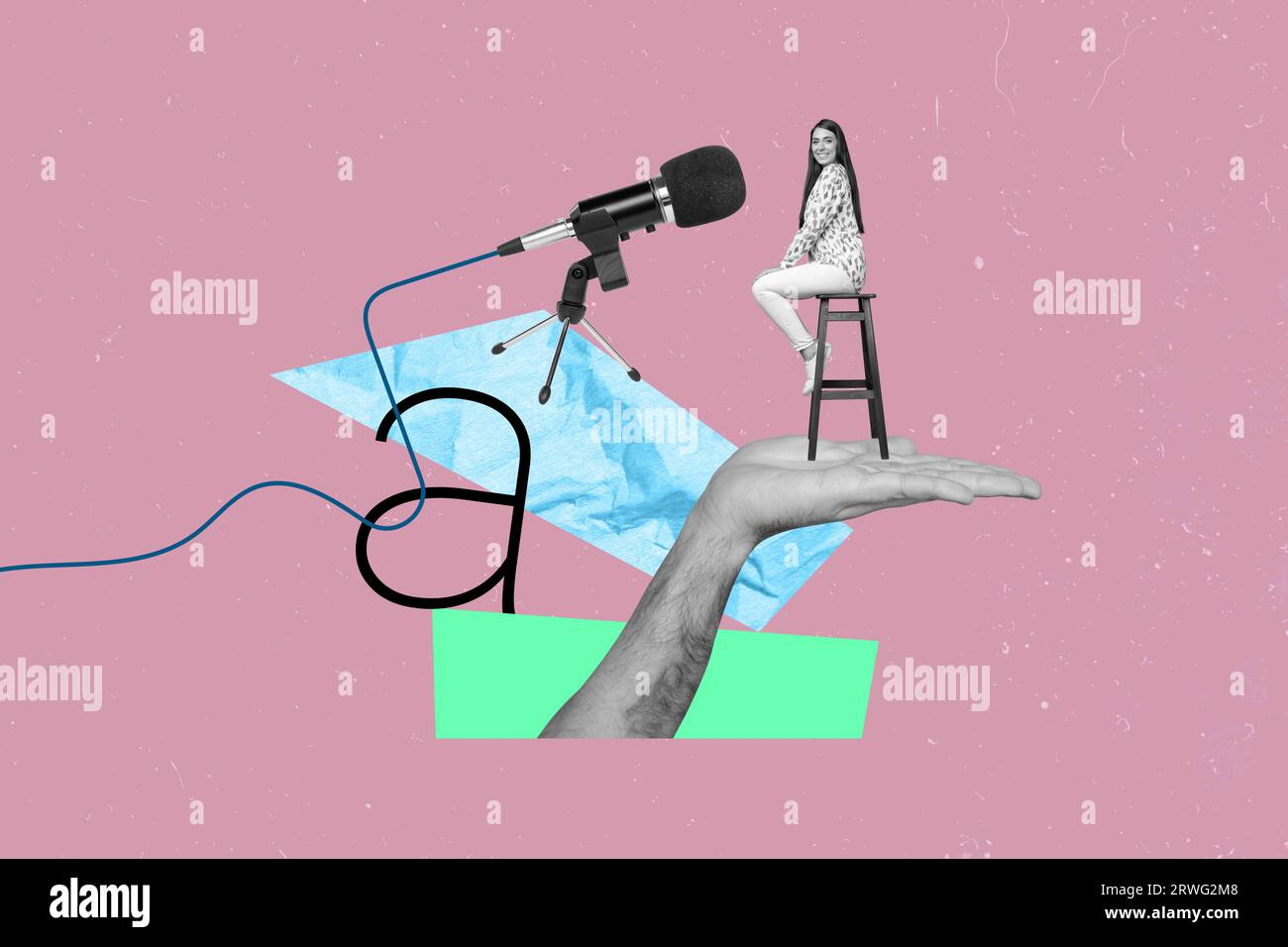 Dessin créatif collage image de jeune femme assis chaise interview ...