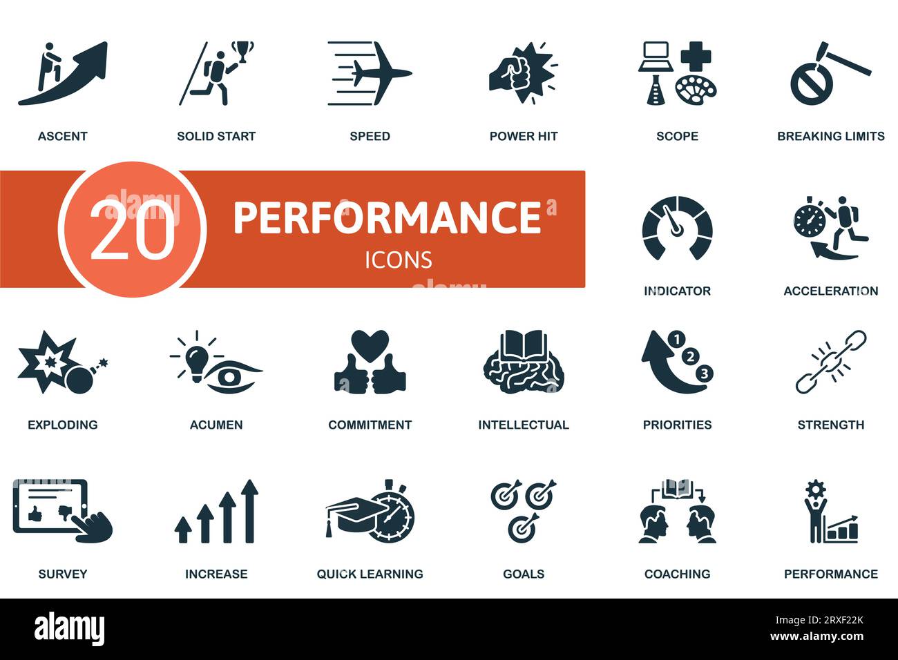 Ensemble de performance. Icônes créatives : ascension, démarrage solide ...