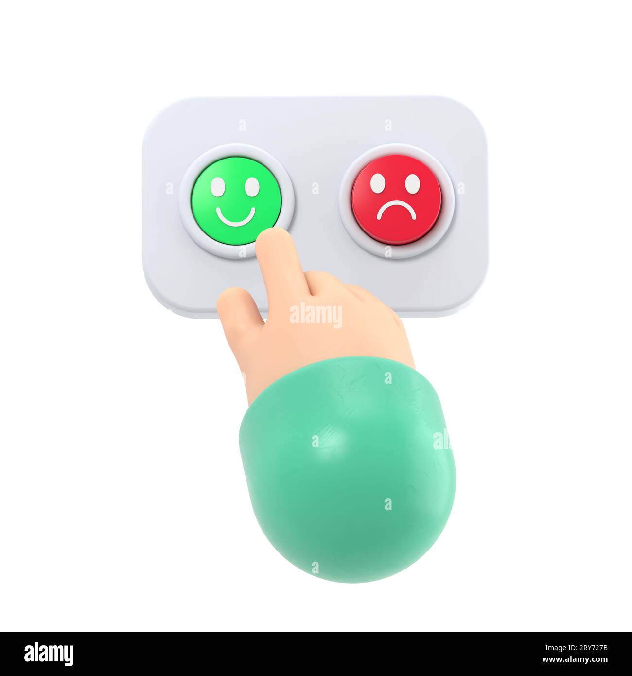 La main de dessin animé du client satisfait appuie sur le bouton vert ...