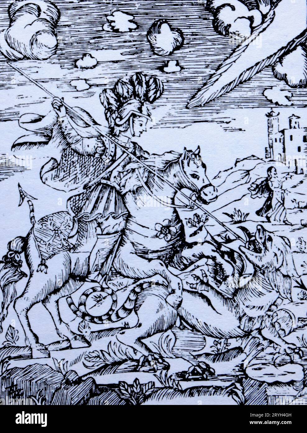 Saint George et le Dragon. Gravure sur bois du XIX siècle. Imprimerie ...