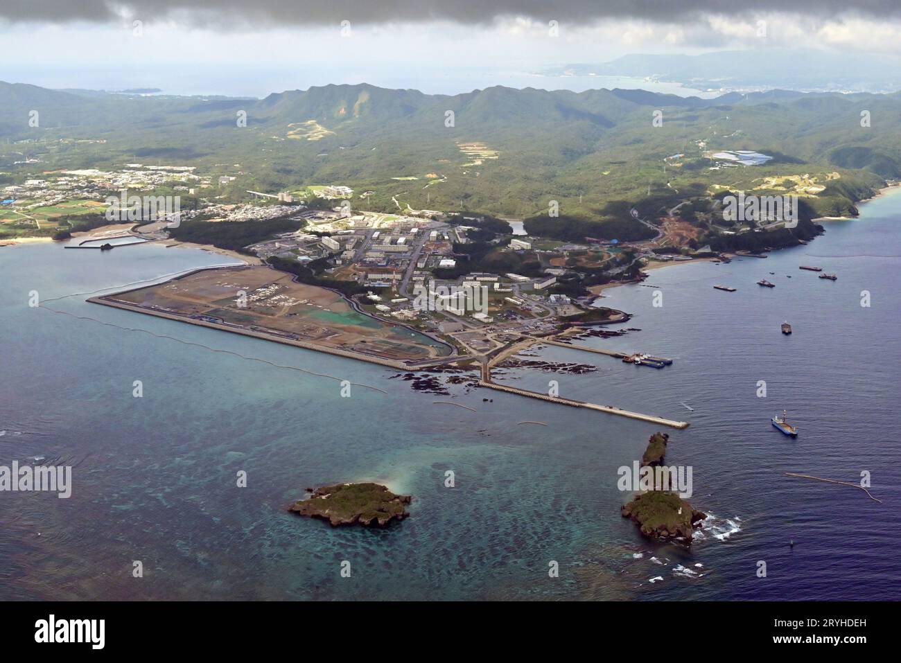 An aerial photo shows Henoko and Oura Bay in Nago, Okinawa Prefecture ...