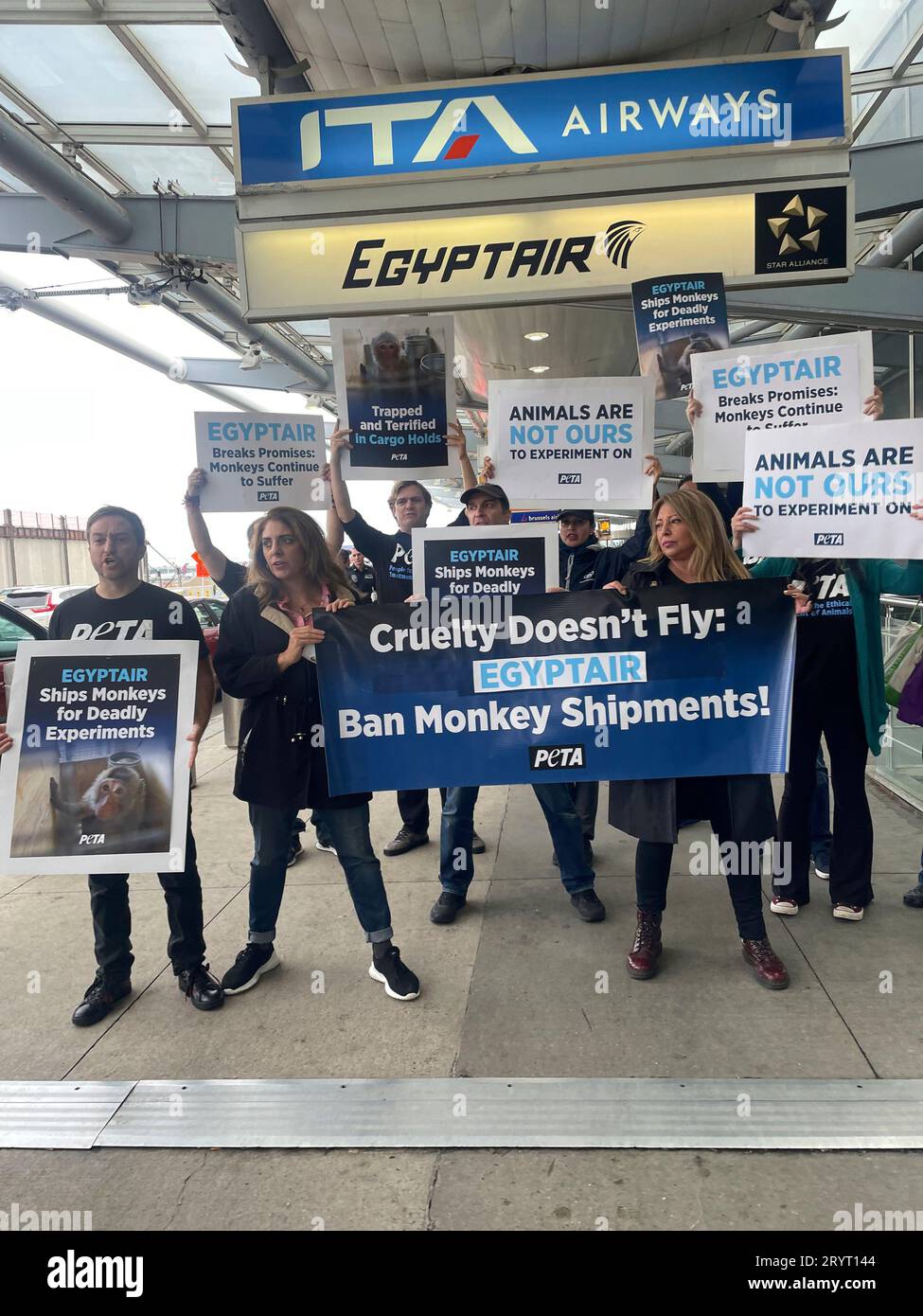 Photo by: PETA/STAR MAX/IPx 2023 9/30/23 PETA supporters unfurl a ...