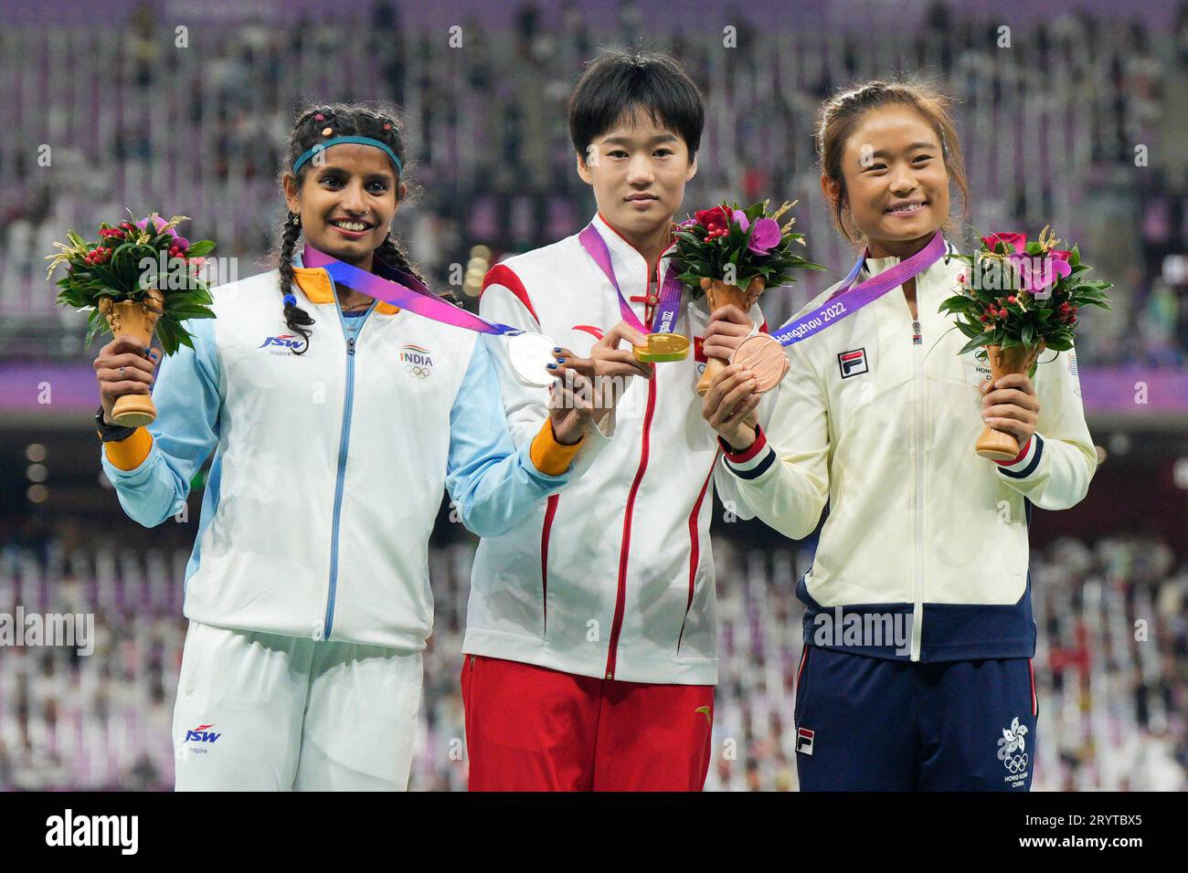 Medalists, from left to right, India's Ancy Sojan Edappilly, silver ...