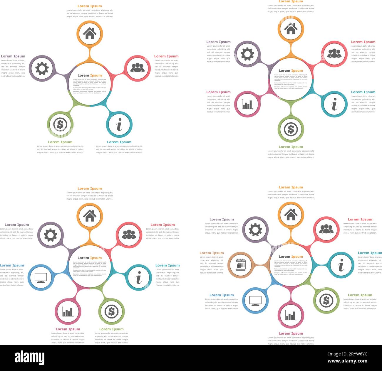 Diagrammes cercle avec cinq, six, sept et huit éléments, organigramme ...