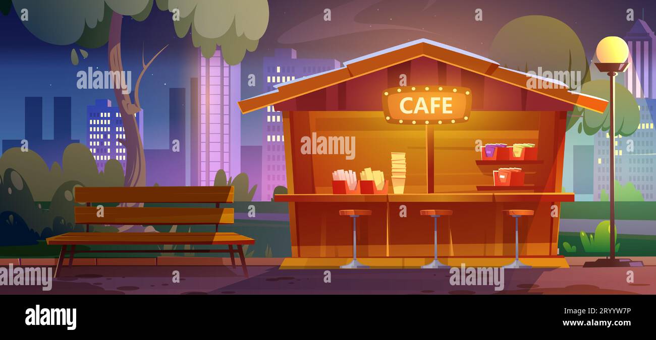 Café-restaurant dans le parc de nuit de la ville. Illustration de dessin animé vectoriel de ...