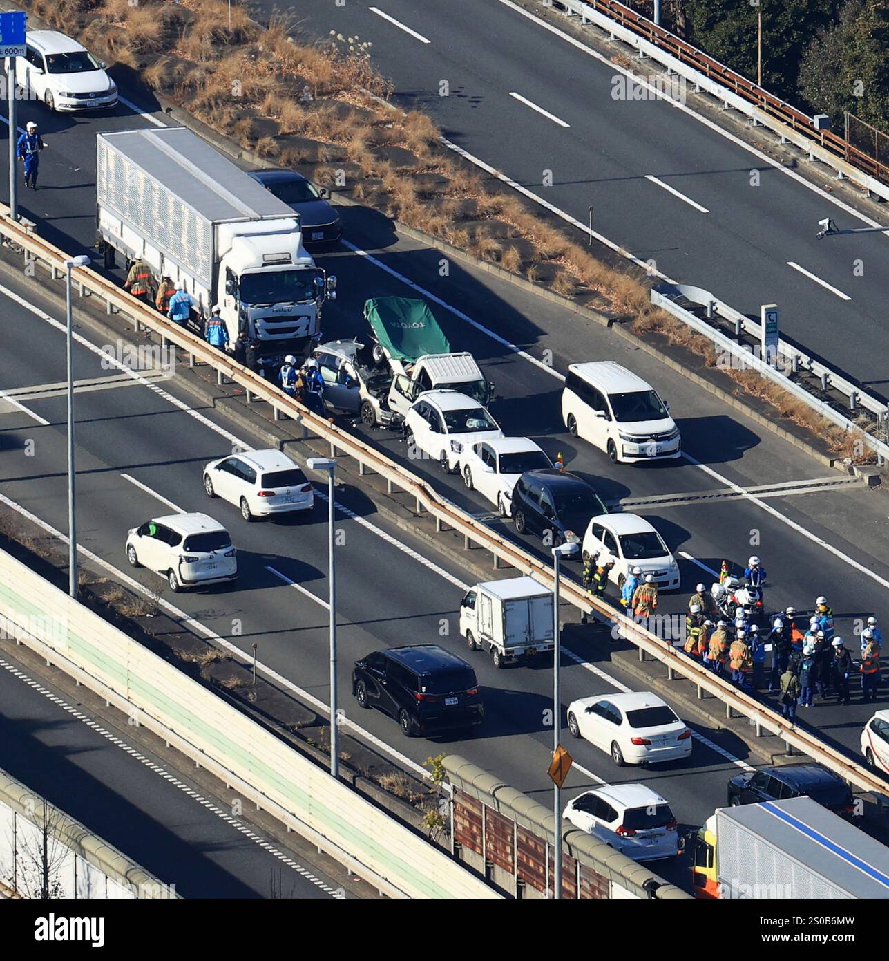 An aerial photo shows an accident site on the outbound lane of the ...