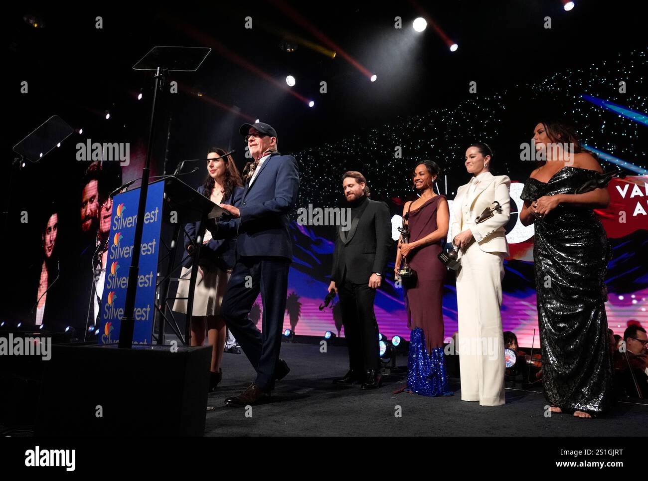 Jacques Audiard, from left, Edgar Ramirez, Zoe Saldana, Selena Gomez, and Karla Sofia Gascon ...