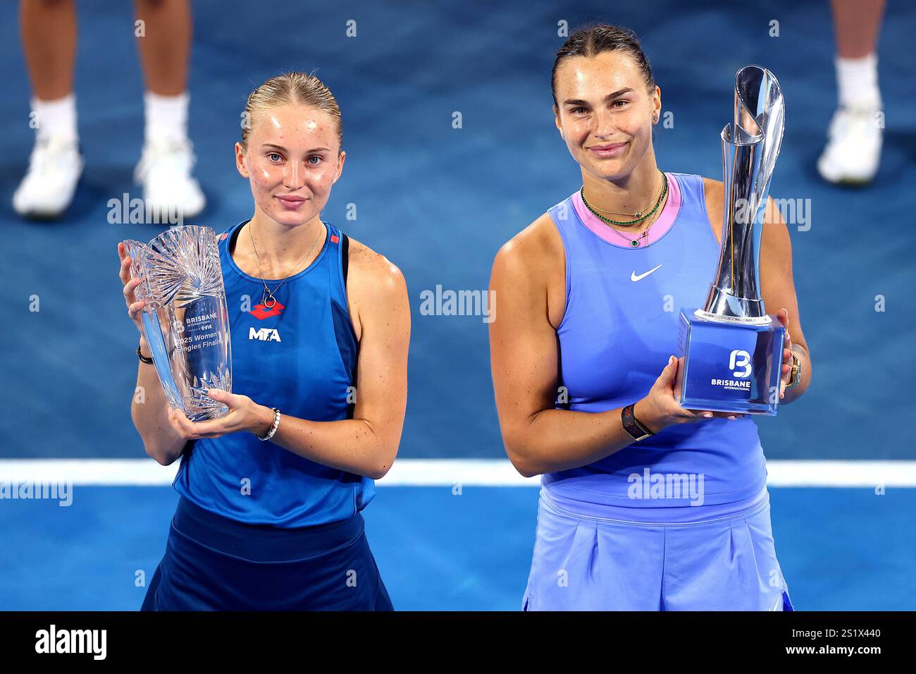 Russia's Polina Kudermetova, left, and Belarus' Aryna Sabalenka pose with their trophies after ...