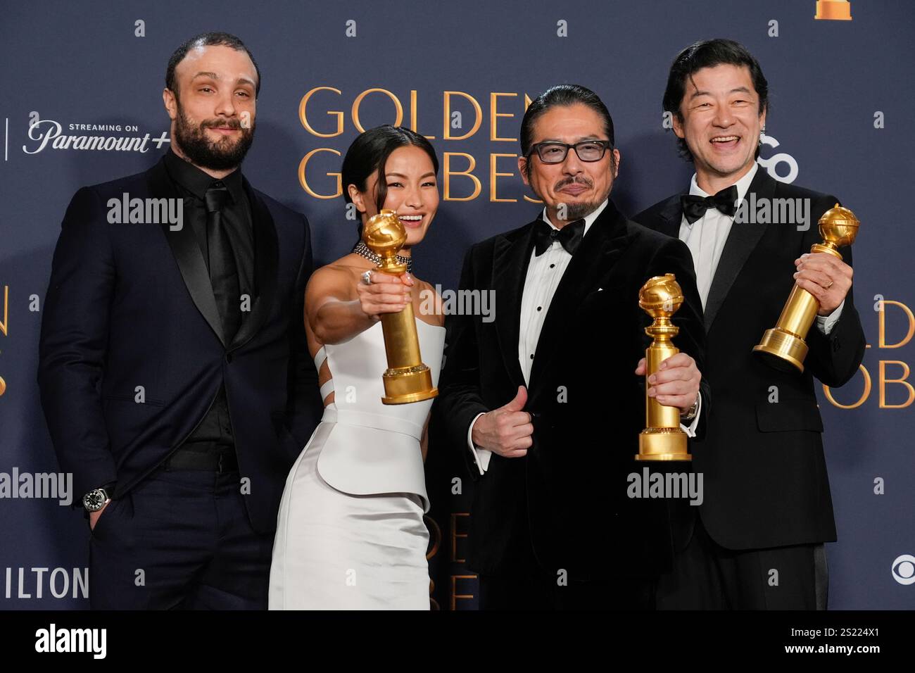 Cosmo Jarvis, from left, Anna Sawai, Hiroyuki Sanada, and Tadanobu Asano pose in the press room ...