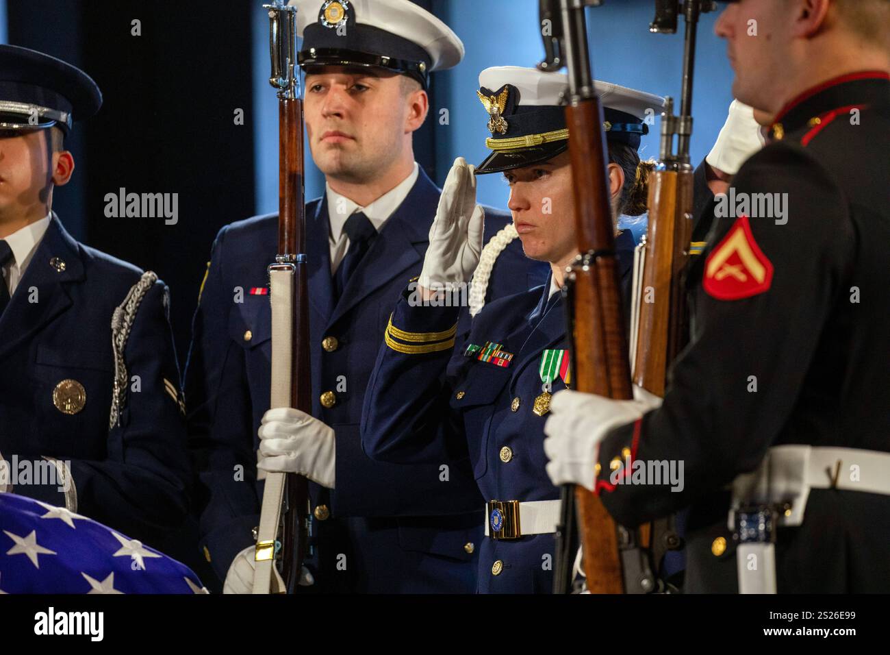 The guard of honor changes at casket of former President Jimmy Carter as he lies in repose at ...