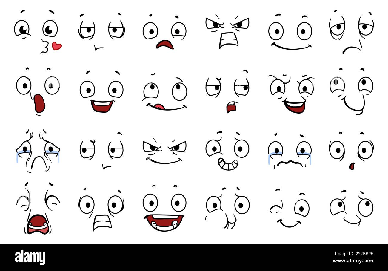 Visages comiques de dessins animés. Expressions oeil, emoji clin d'œil ...