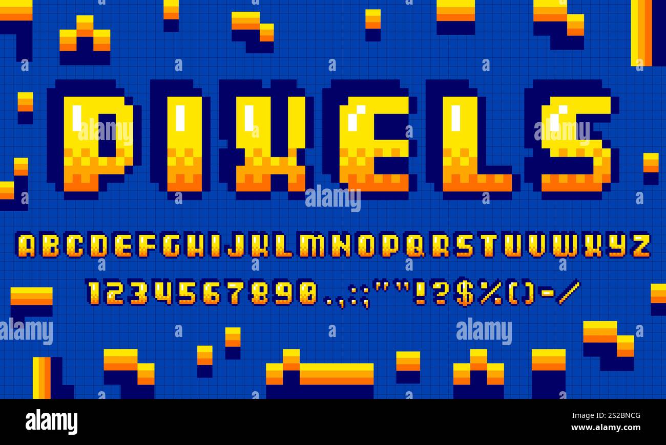 Police rétro pixel, police de caractères de jeu d'arcade, 8 bits pixel art type, alphabet ...