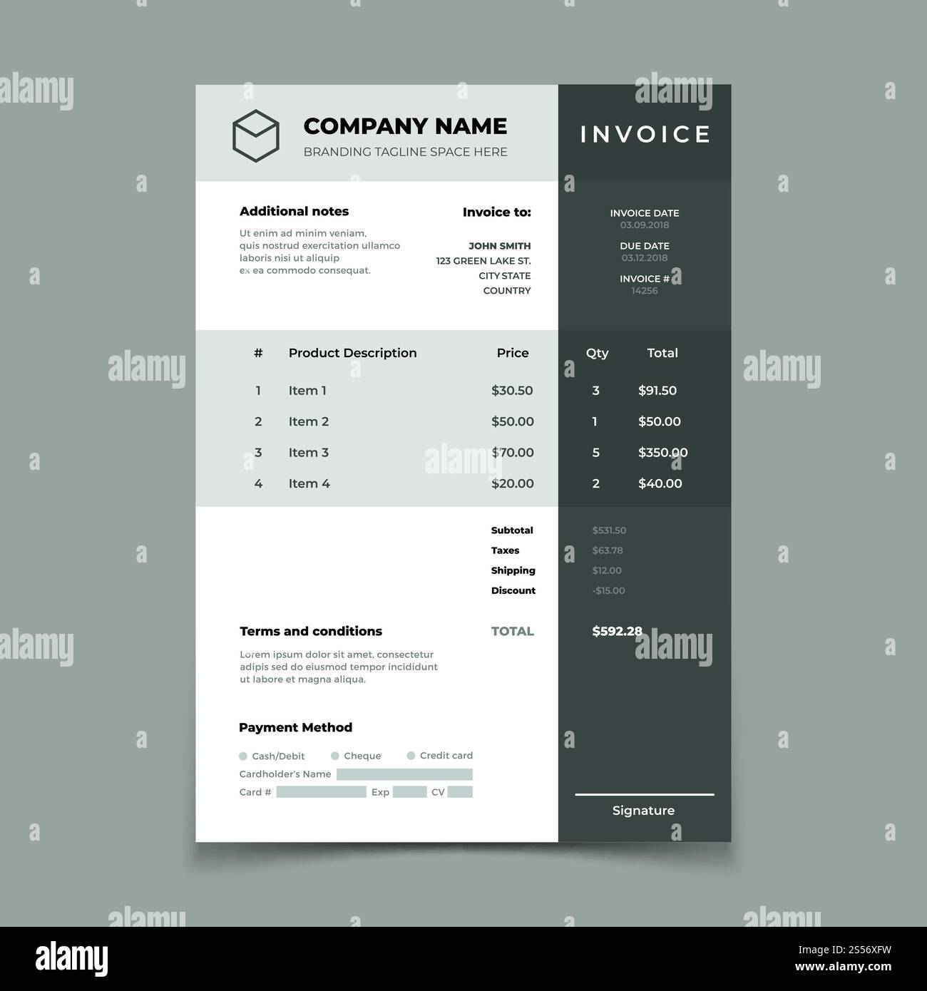 Modèle de facture. Facture avec tableau de prix. Document de service de ...