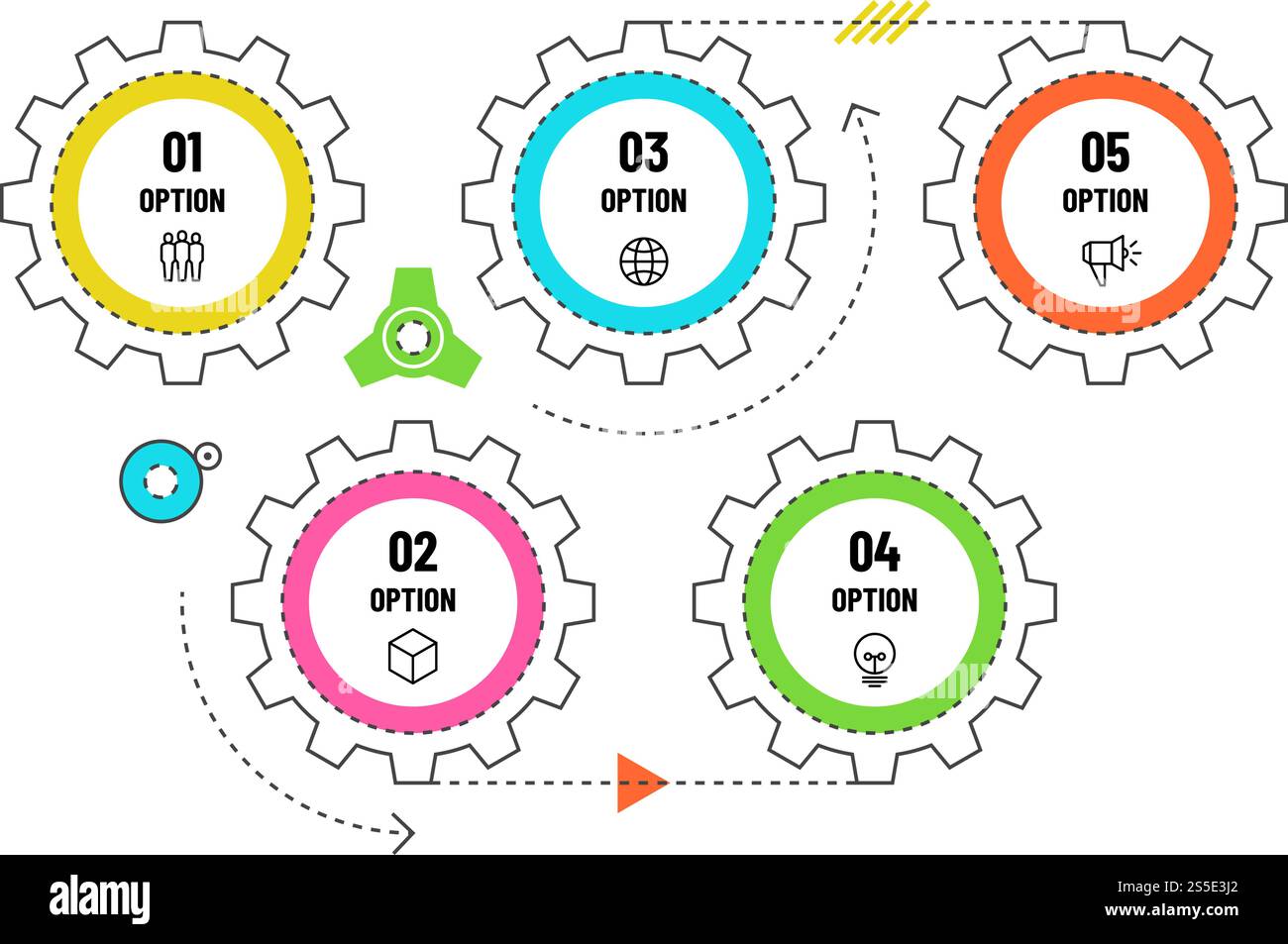 Infographie Gears. Concept de chronologie d'ingénierie avec 5 options ...