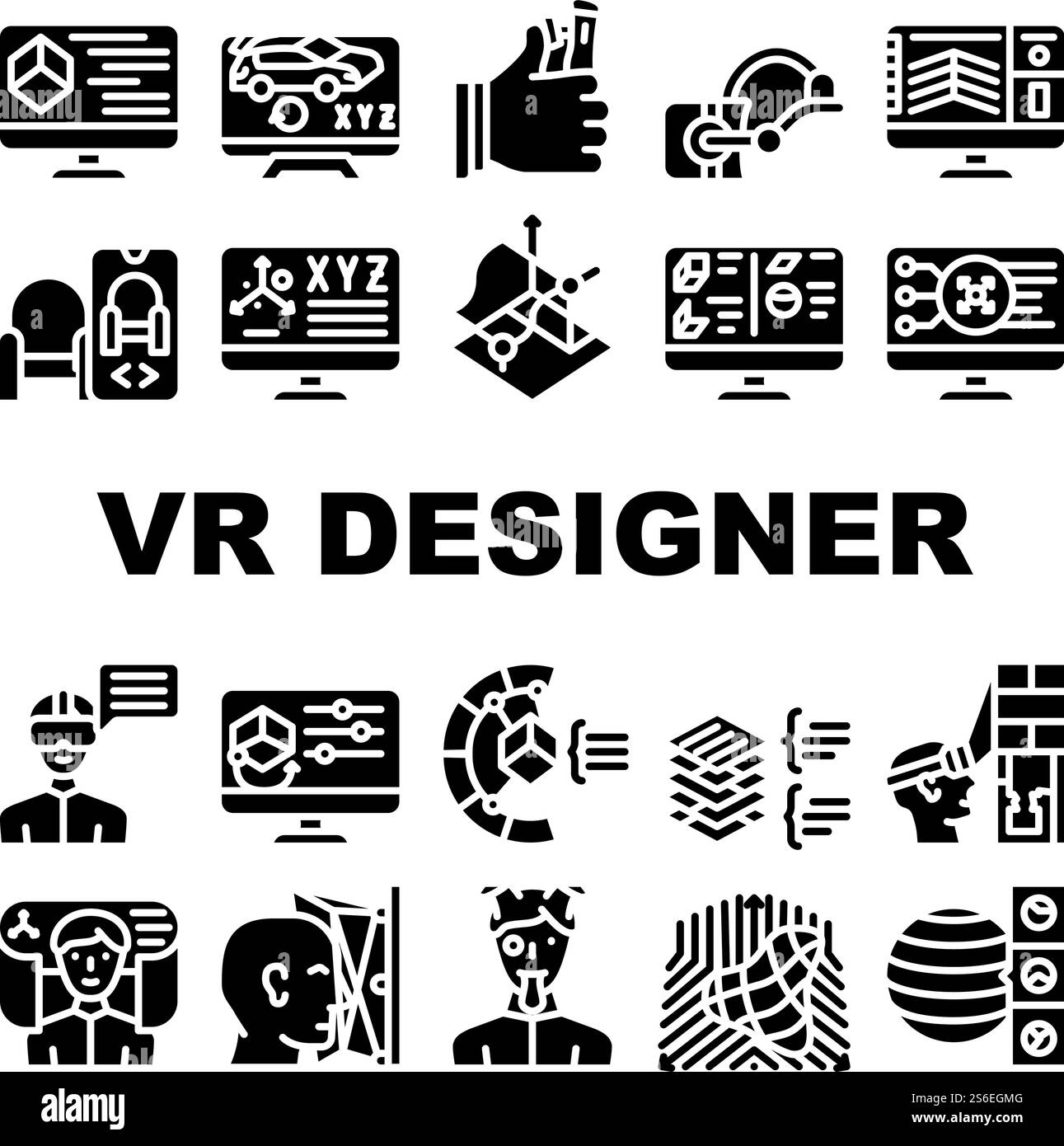 VR Designer occupation Collection icônes Set Vector. Programmation et ...